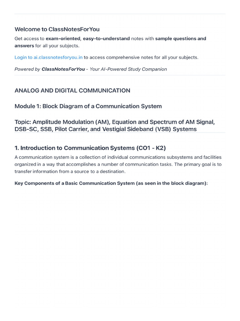 Amplitude Modulation, Equation and Spectrum of AM Signal, DSB-SC, SSB -Pilot Carrier and ...