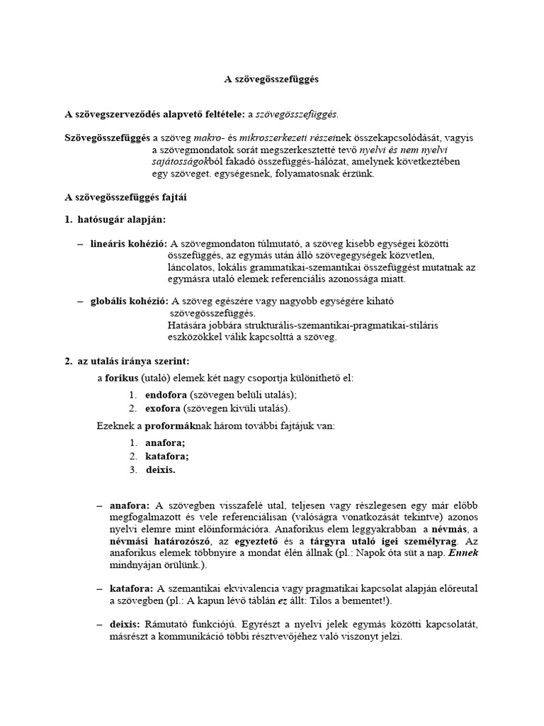 A Szövegösszefüggés Az Utalás Iránya Szerint | PDF