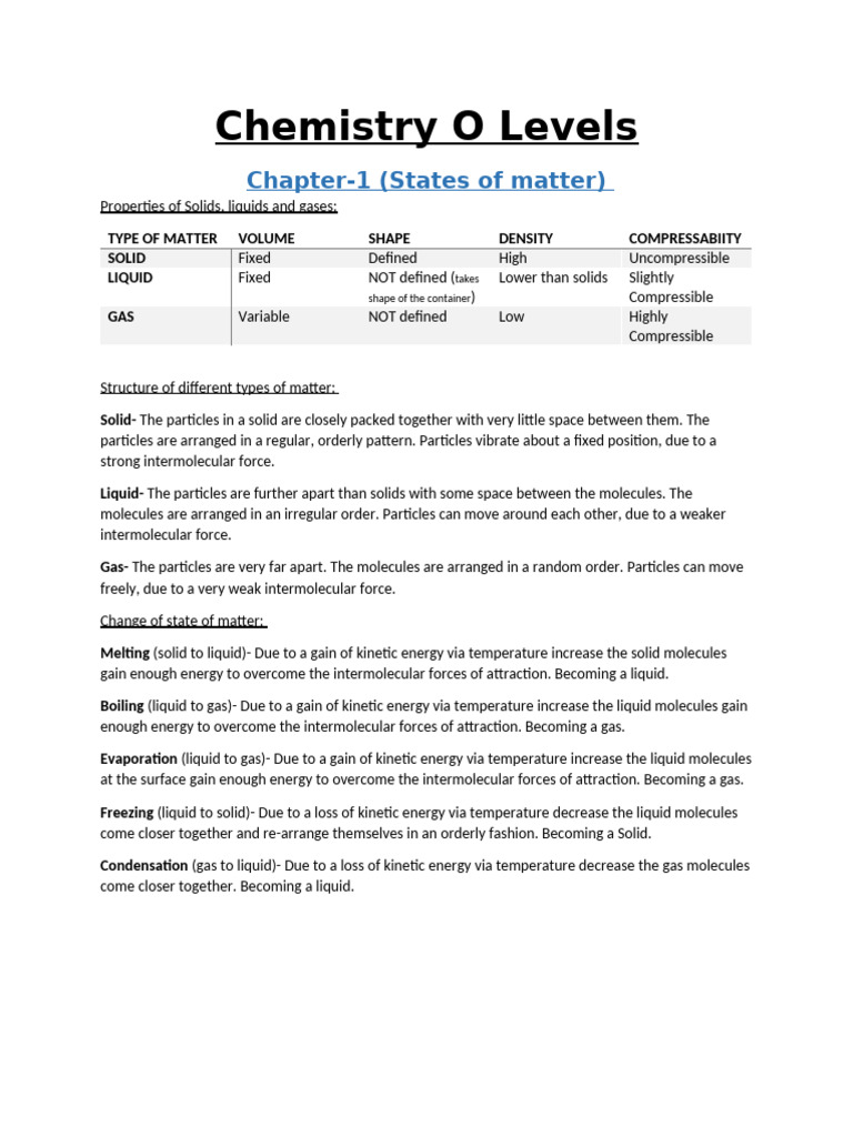 Chemistry O Levels Notes (Chapter 1) | PDF | Gases | Liquids
