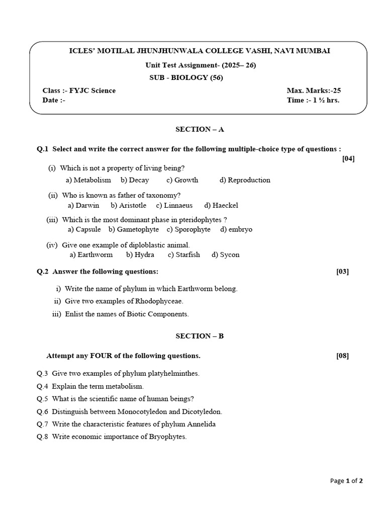 Biology Unit Test Assignment 2025-26 | PDF | Biology | Plants