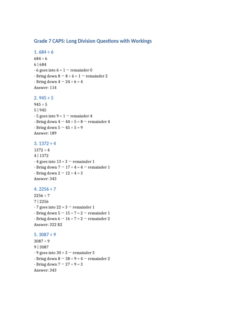 Grade 7 Long Division Practice Questions | PDF
