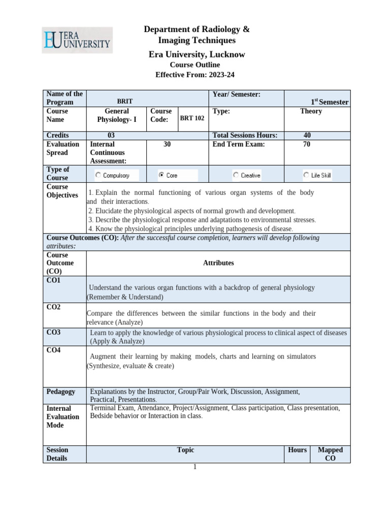 General Physiology I Course Outline | PDF | Human Body | Muscle