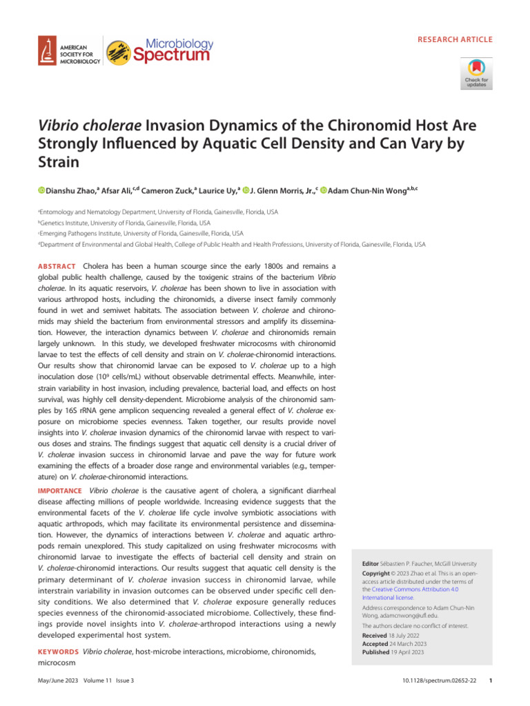 Zhao Et Al Vibrio Cholerae Invasion Dynamics of The Chironomid Host Are ...