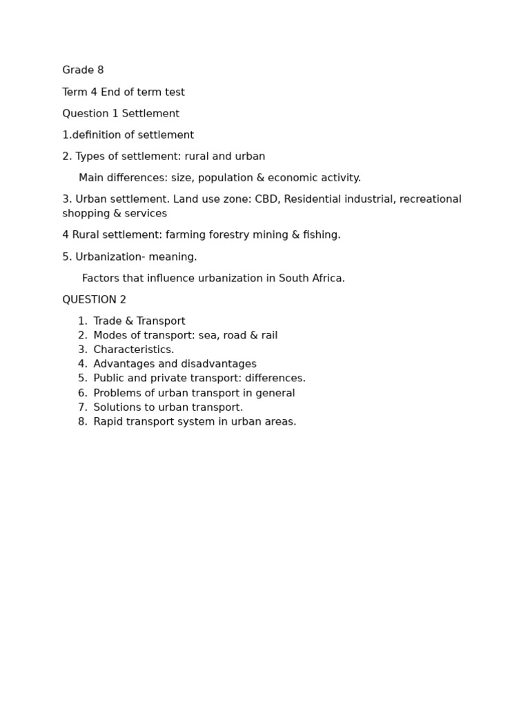 Grade 8 Term 4 Settlement & Transport Test | PDF