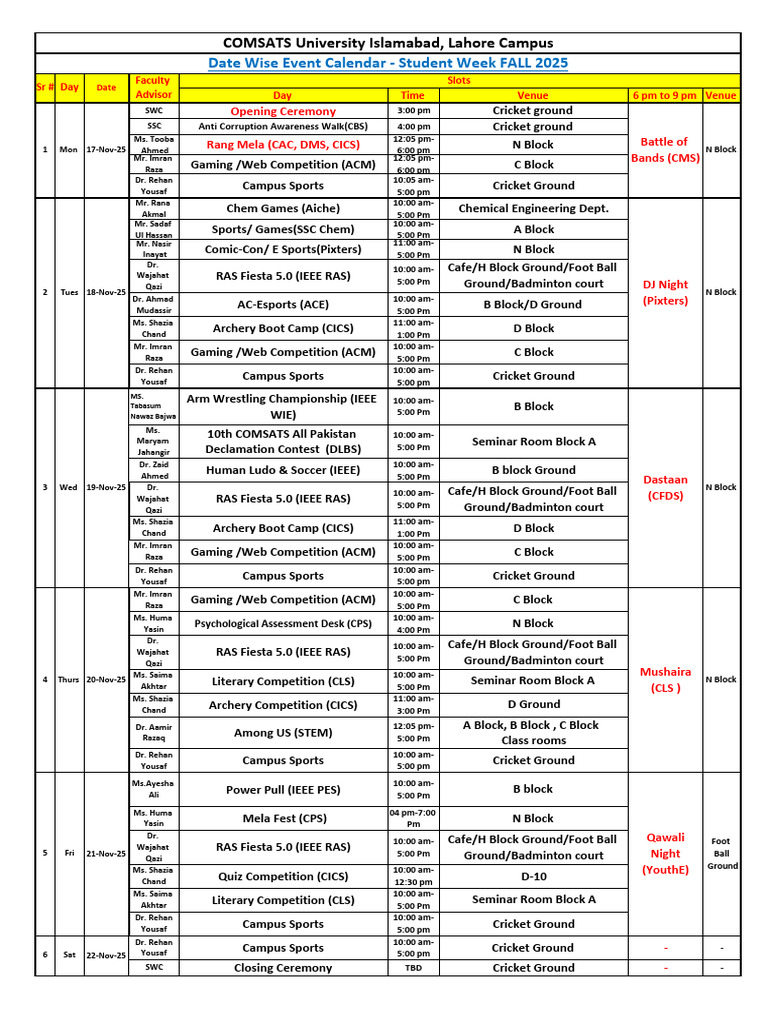 Date Wise Event Calendar - Student Week FALL 2025 (10-11-25) | PDF