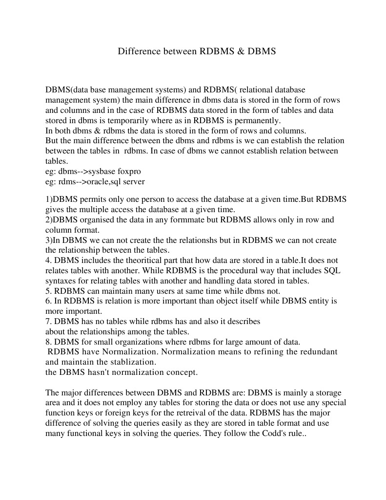 Difference Between Rdbms And Dbms Pdf Databases Relational Database