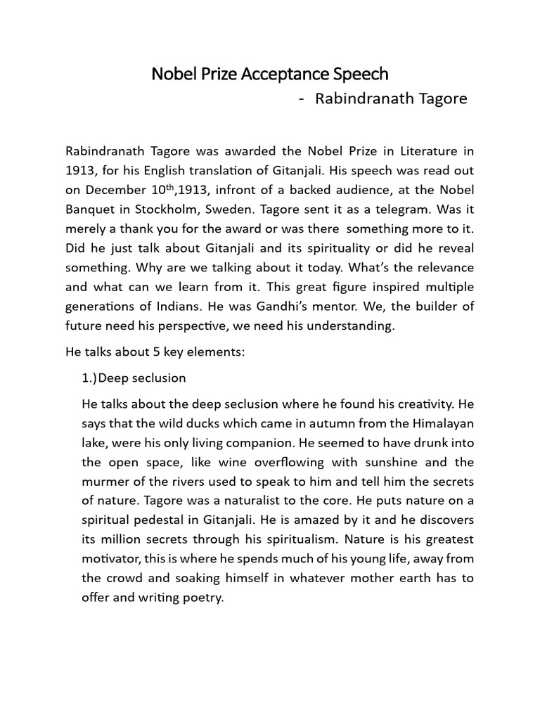 Nobel Prize Acceptance Speech of Rabindranath Tagore Haha | PDF ...