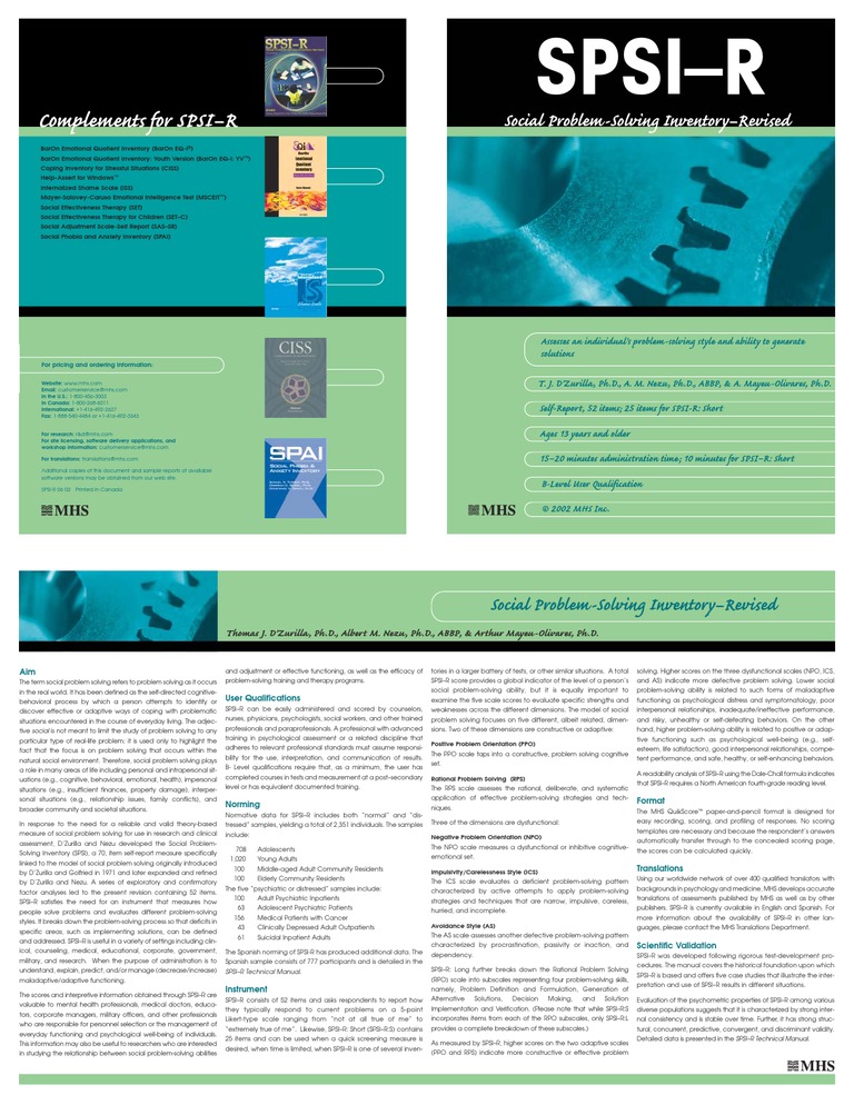 SPSI R Brochure | Impulsivity | Psychiatry