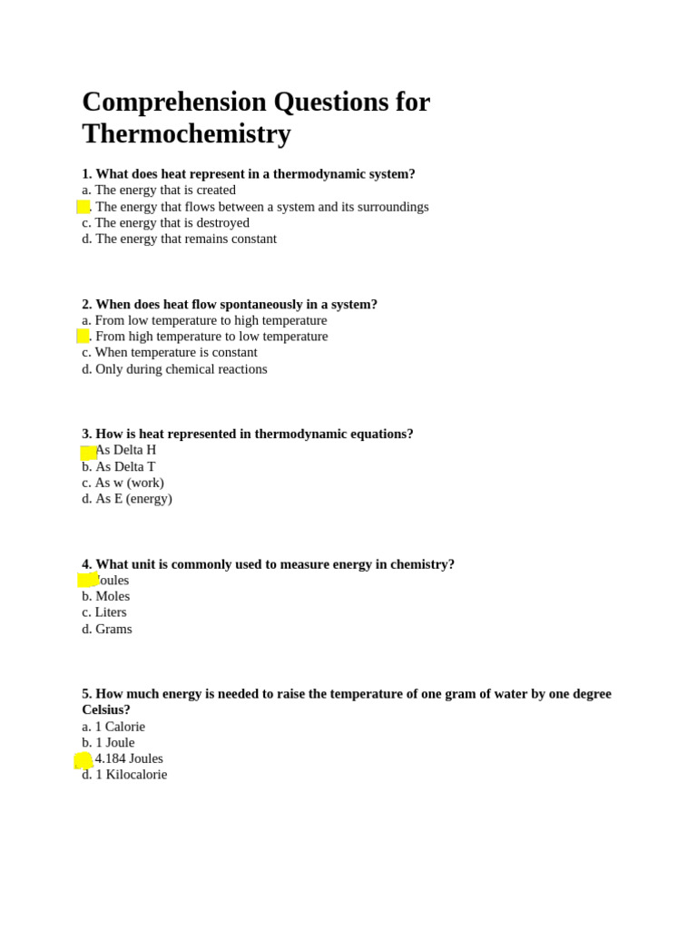 Comprehension Questions For Thermochemistry | PDF
