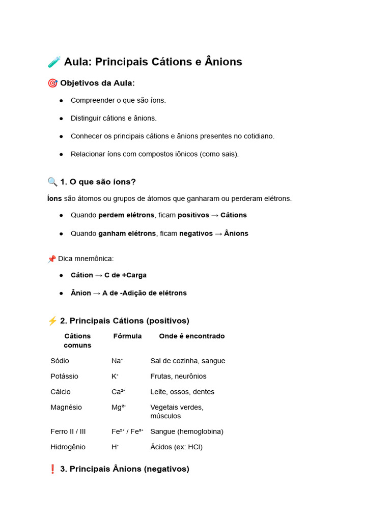 Cátions e Ânions: Guia Completo | PDF