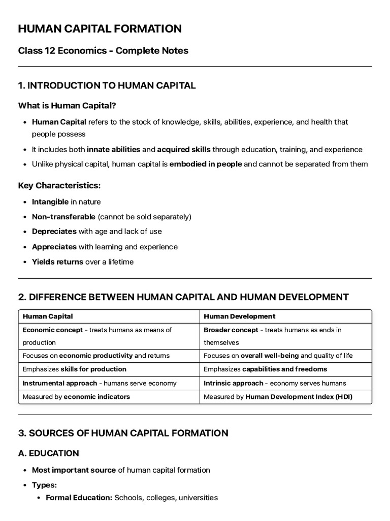 Human Capital Formation: Class 12 Notes | PDF | Human Capital ...