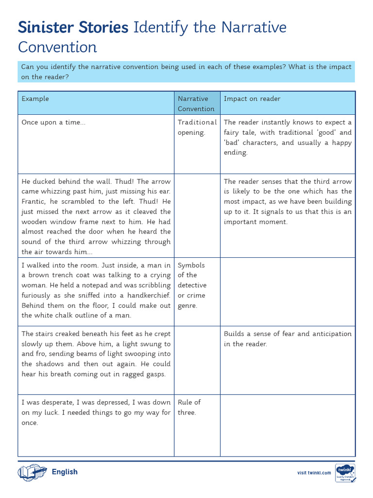 Sinister Stories L3 Identify The Narrative Convention Activity Sheet LA ...