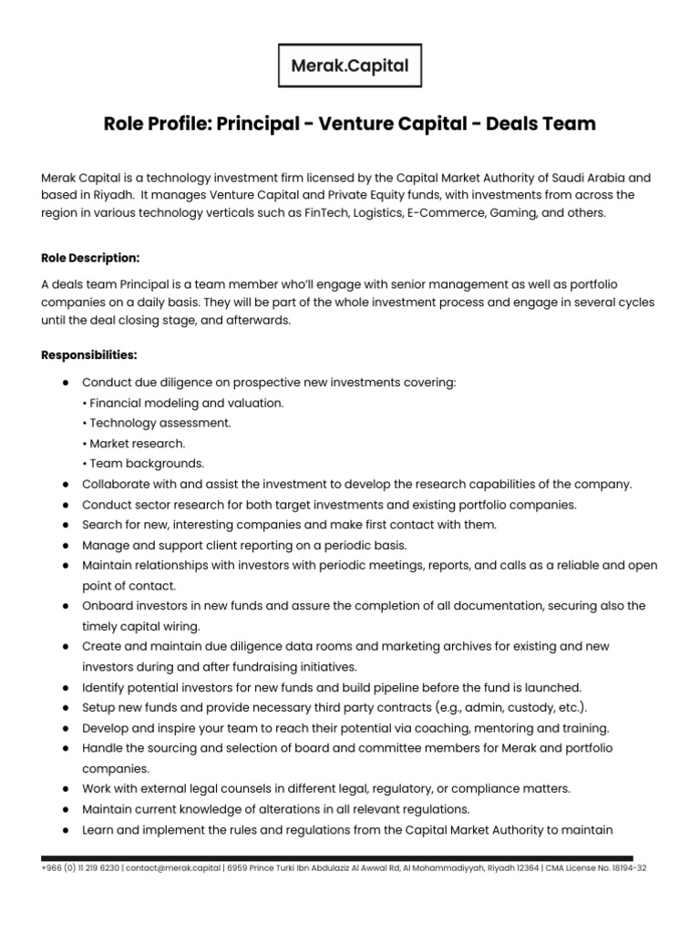 JD - Principal VC Deals Team - Merak Capital | PDF | Venture Capital ...