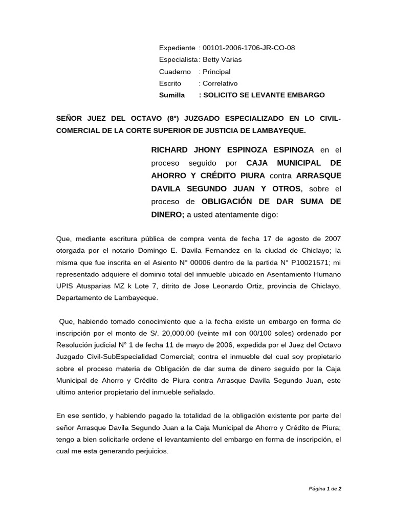 0101-2006 Se Levante Embargo | PDF | Justicia | Crimen y violencia
