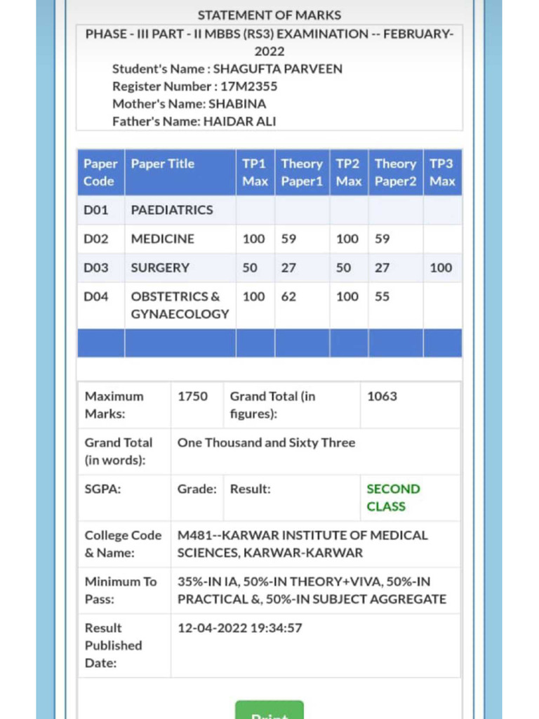 Marks Card Pdf