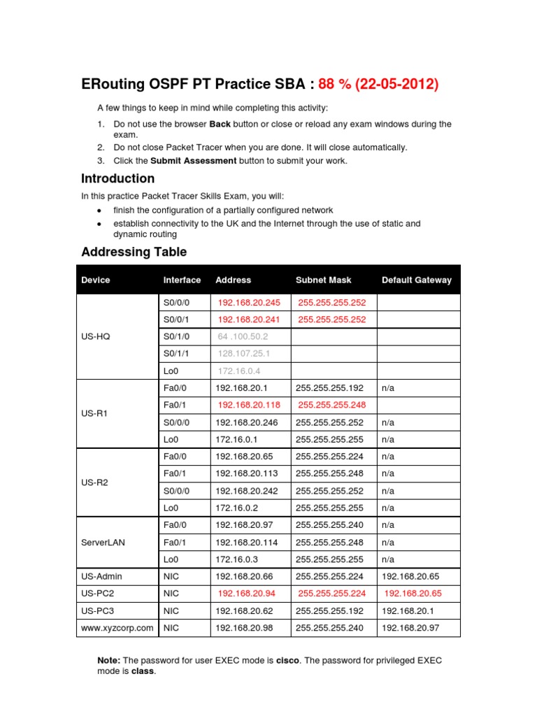 ERouting OSPF PT Practice SBA | PDF | Ip Address | Routing