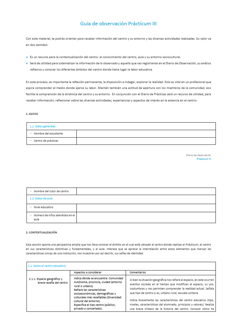 Tema 3. Guía de Observación Prácticum III | PDF | Escuelas | Salón de clases