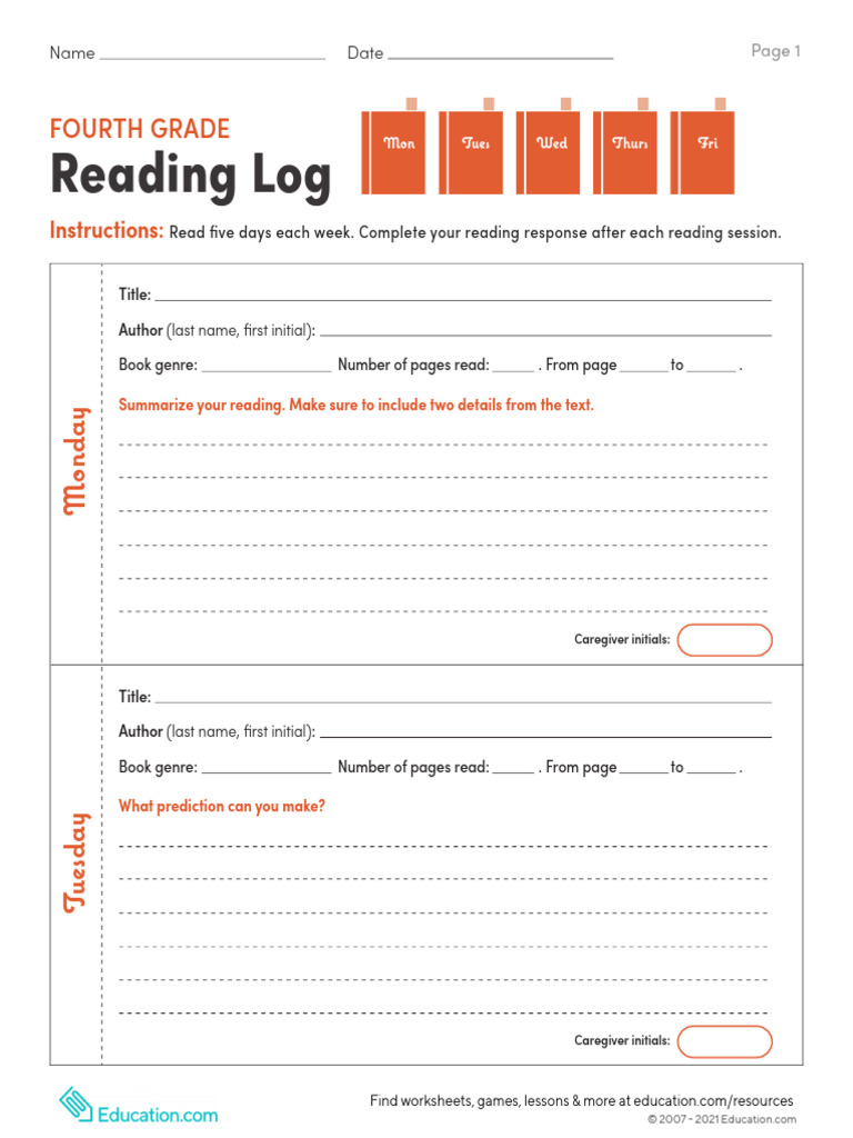 Fourth Grade Reading Log | PDF