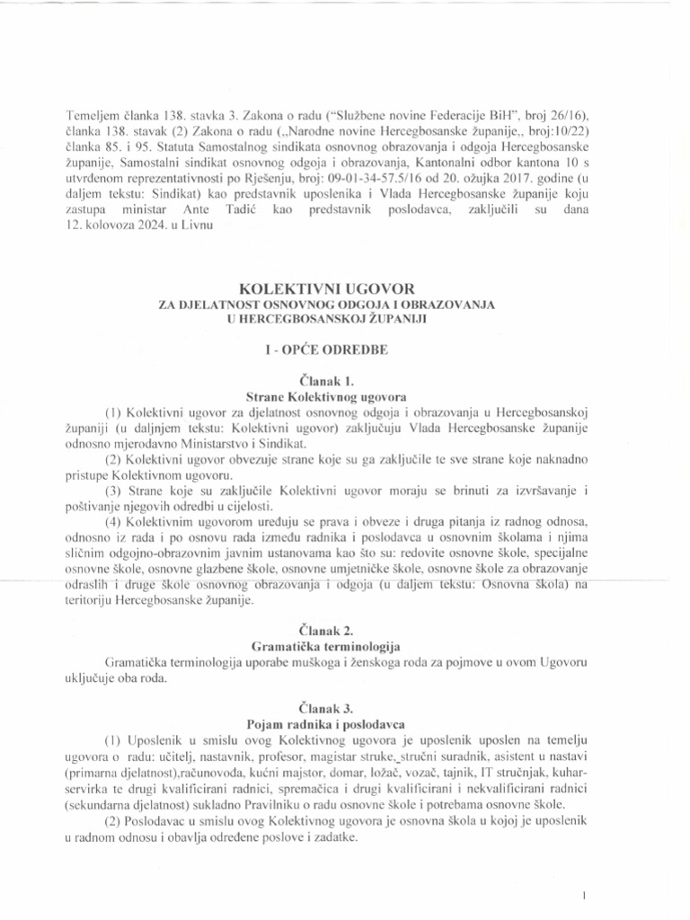 Kolektivni Ugovor Za Djelatnost Osnovnog Odgoja I Obrazovanja U HBZ | PDF