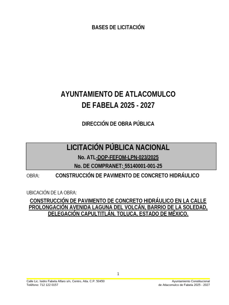 Bases Licitacion Publica Atlacomulco de Fabela Segundo Documento (1)[1] | PDF | México ...