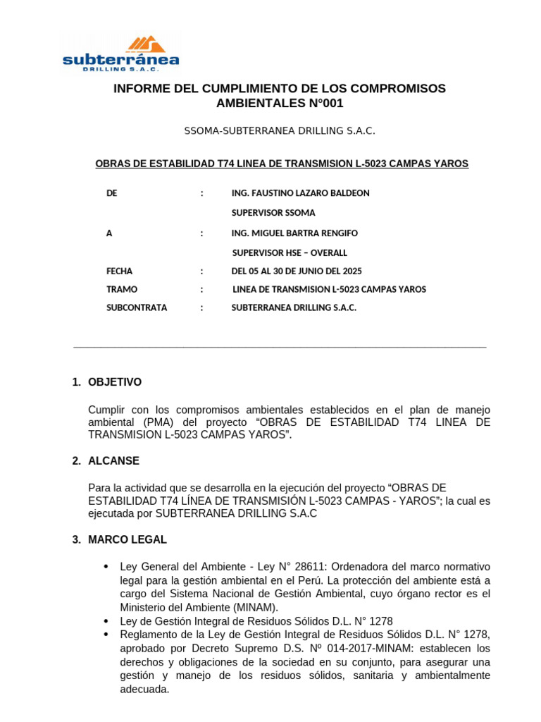 N°001-ACTA DE CONFORMIDAD AMBIENTAL_ SUBTERRANEA_JUNIO | PDF | Residuos ...