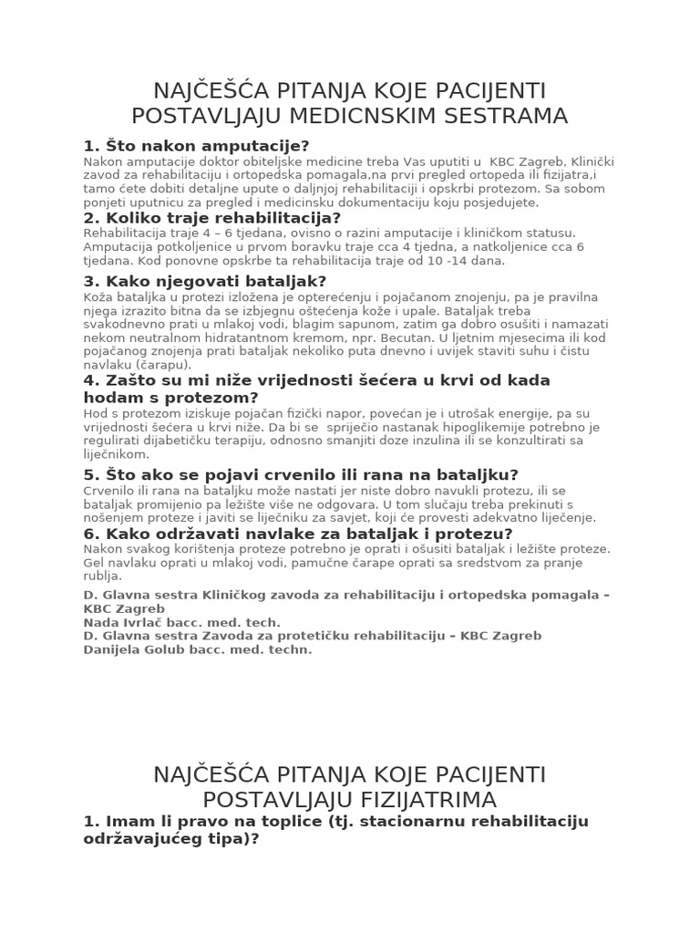 Najčešća Pitanja Koje Pacijenti Postavljaju Medicnskim Sestrama | PDF