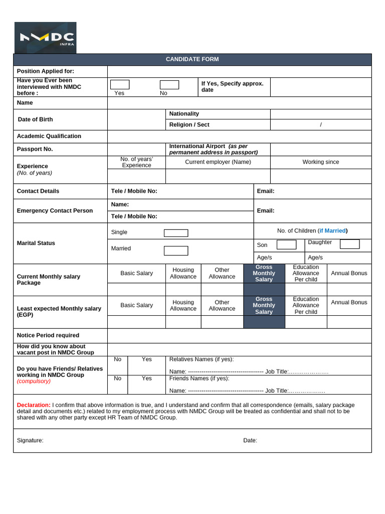 NMDC Candidate Application Form | PDF
