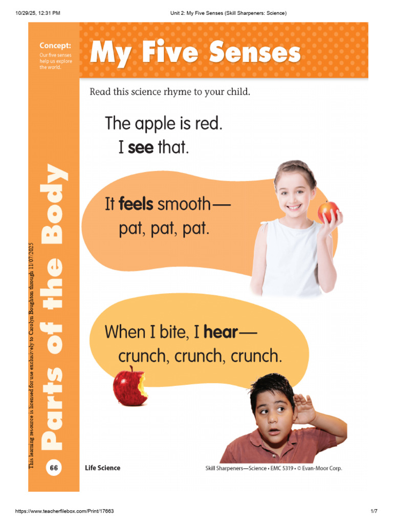Unit 2 - My Five Senses (Skill Sharpeners - Science) 1 | PDF | Learning ...