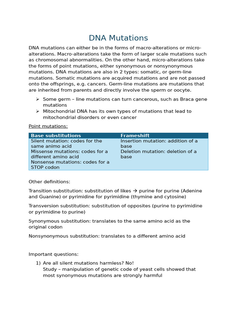 DNA Mutations | PDF | Point Mutation | Mutation
