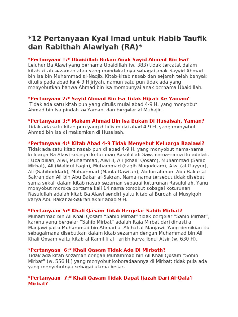 12 Pertanyaan Kyai Imad untuk Habib Taufik dan Rabithah Alawiyah | PDF