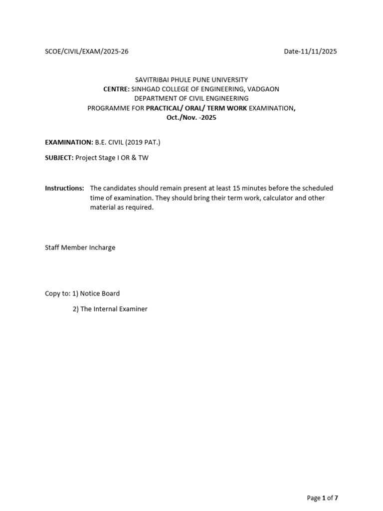 Schedule For SPPU BE Project Stage I TW and or Exam Nov.-2025 | PDF