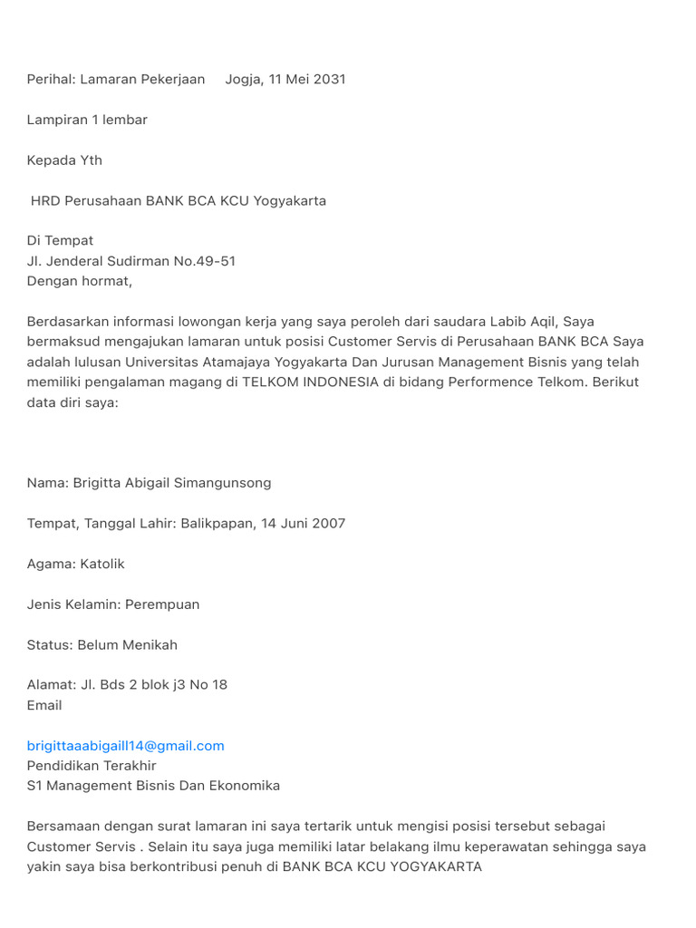 Surat Lamaran Brigita Abigail | PDF