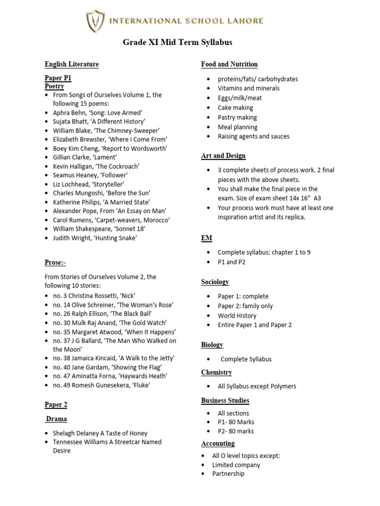 Grade XI Mid Term Syllabus (1) | PDF