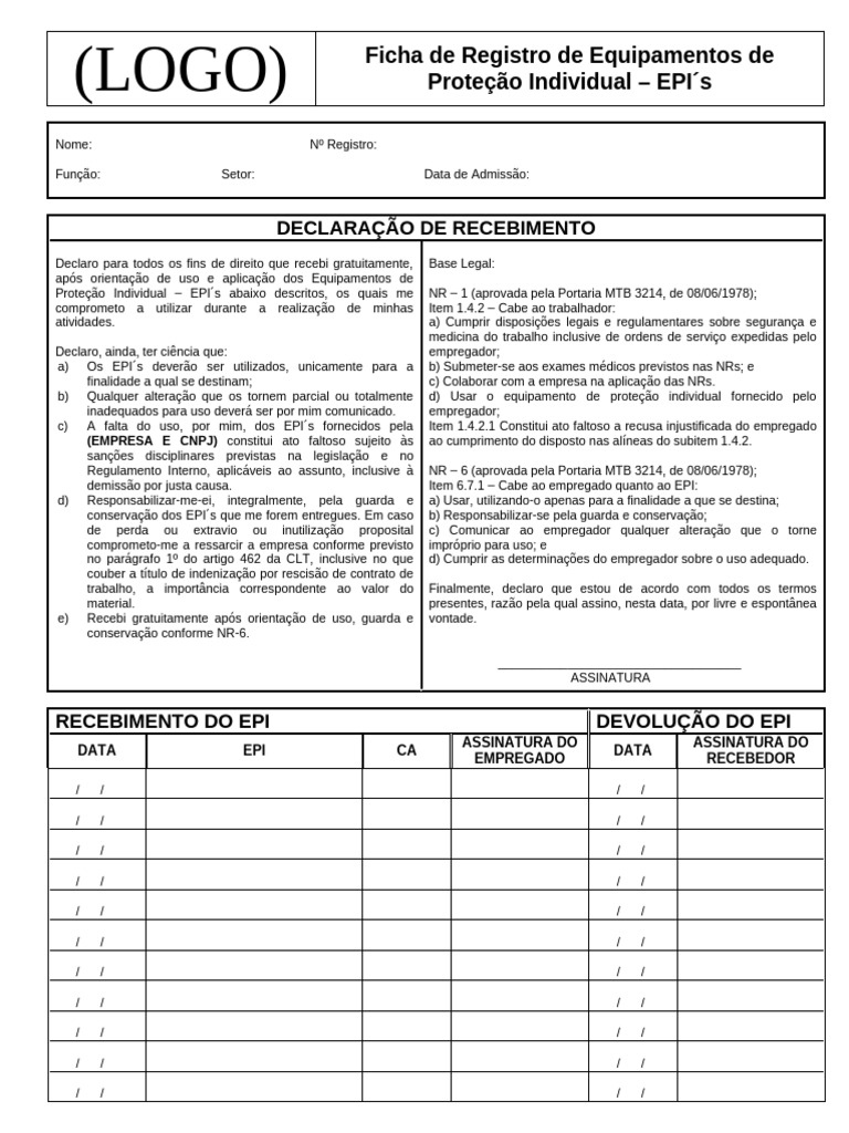 Ficha de Registro de EPI para Funcionários | PDF | Justiça | Crime e ...