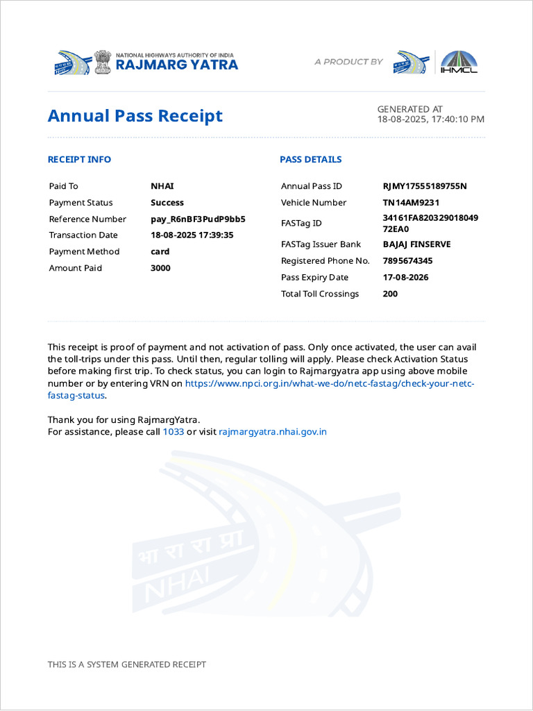 Annual Pass Receipt | PDF