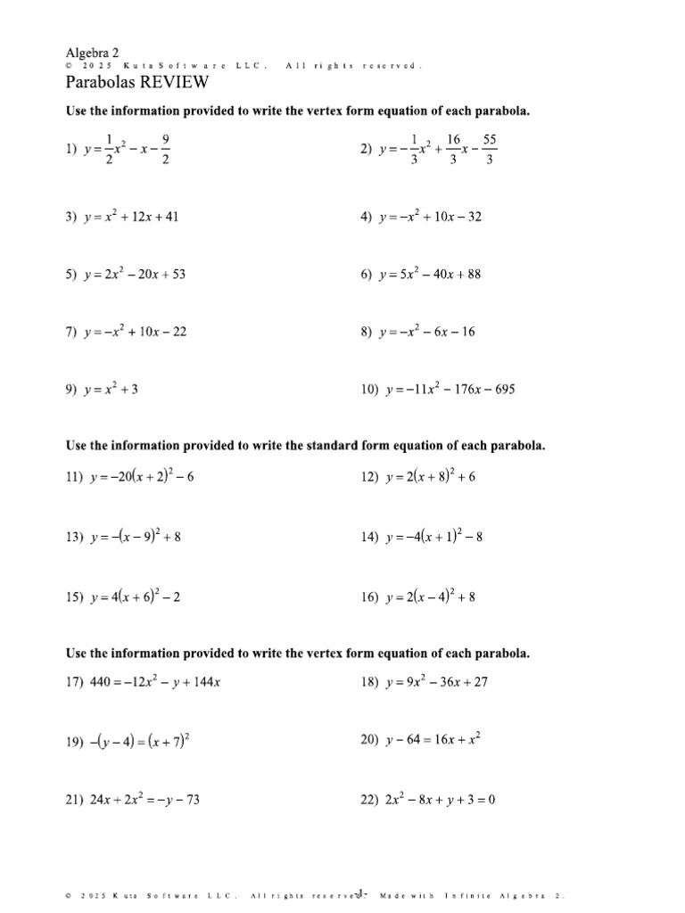 Parabolas REVIEW Worksheet | PDF