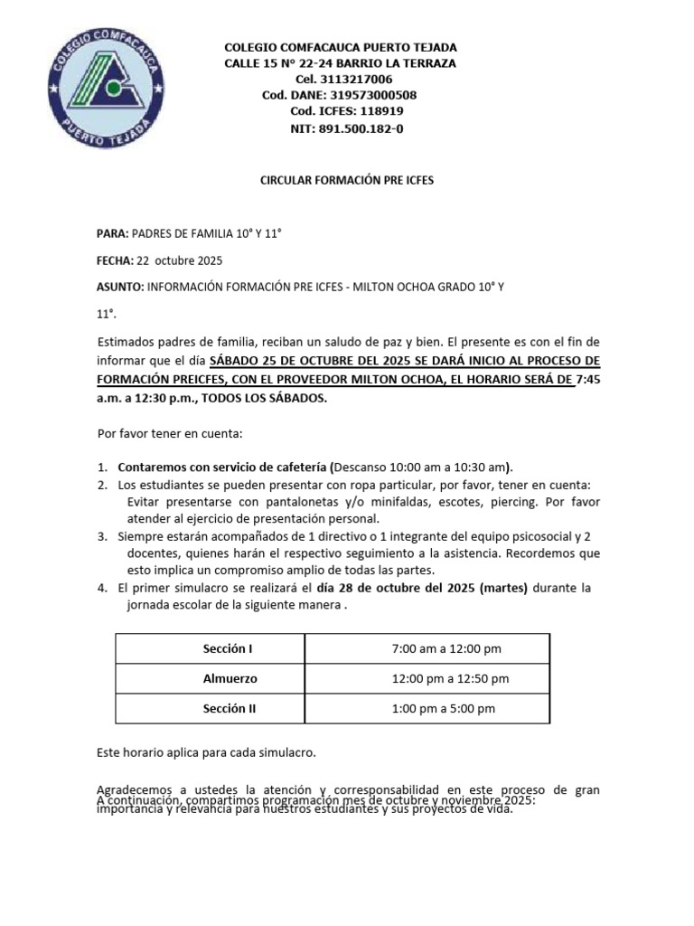 Circular A Padres para Formación Pre Icfes 10-11 | PDF