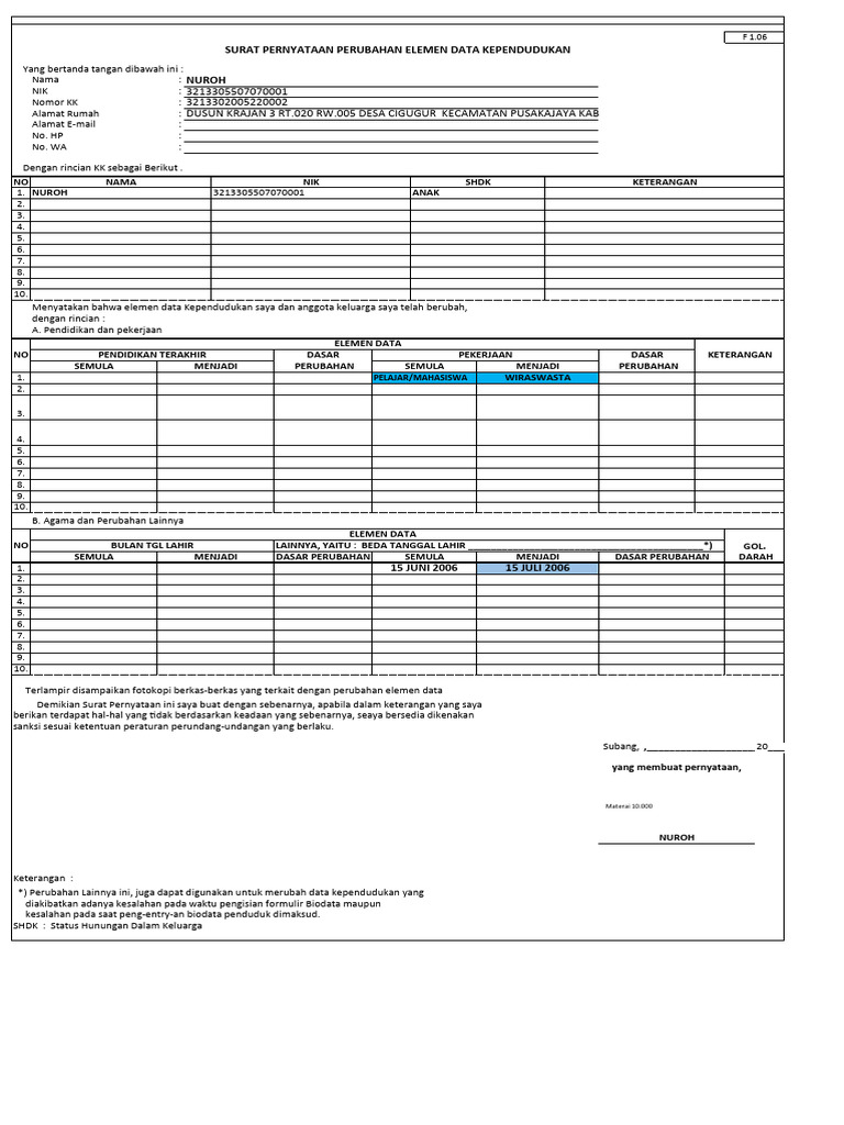 NUROH FORM F1.06 | PDF