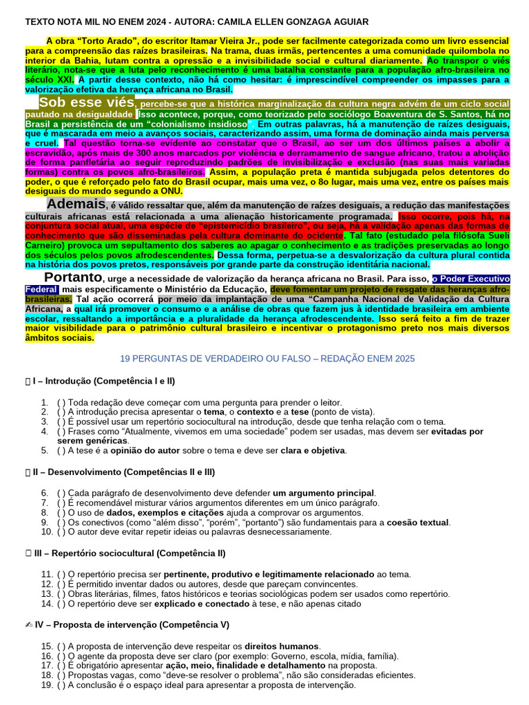 Texto Nota Mil No Enem 2024 - Autora Camila Ellen Gonzaga Aguiar | PDF ...