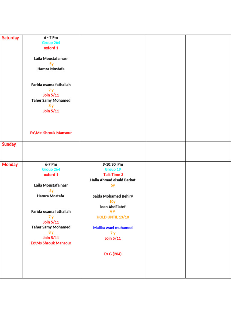 Weekly Class Schedule Overview | PDF