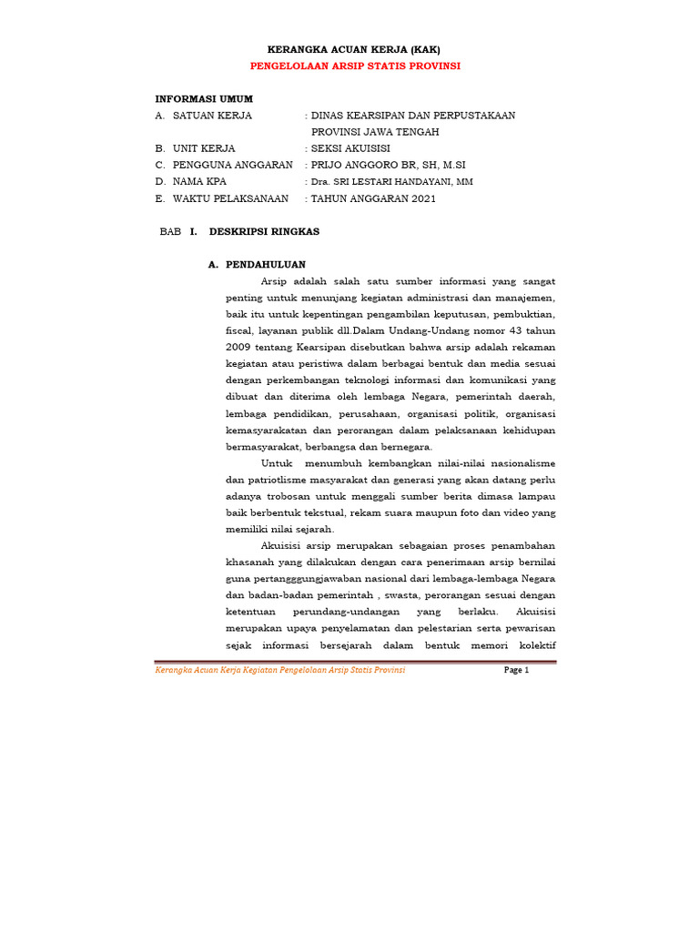 KAK - Pengelolaan Arsip Statis Provinsi | PDF
