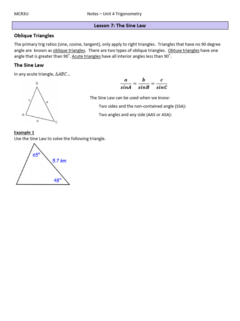 U4 Lesson 7 The Sine Law | PDF