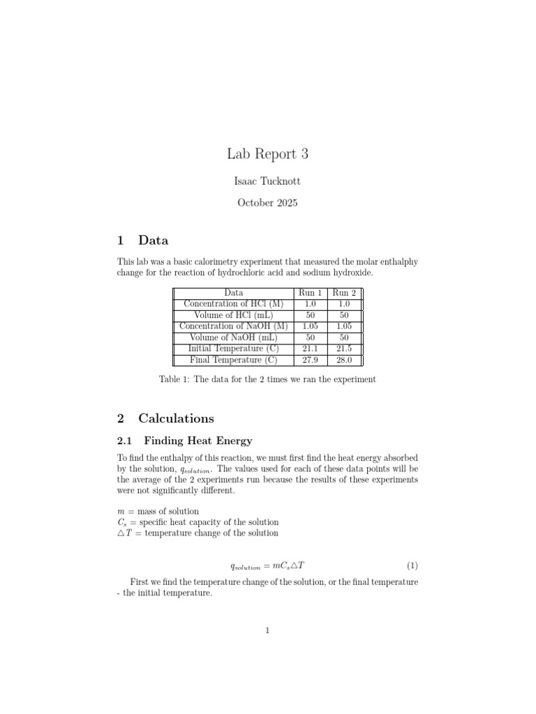 Lab Report 3 | PDF | Mole (Unit) | Sodium Hydroxide