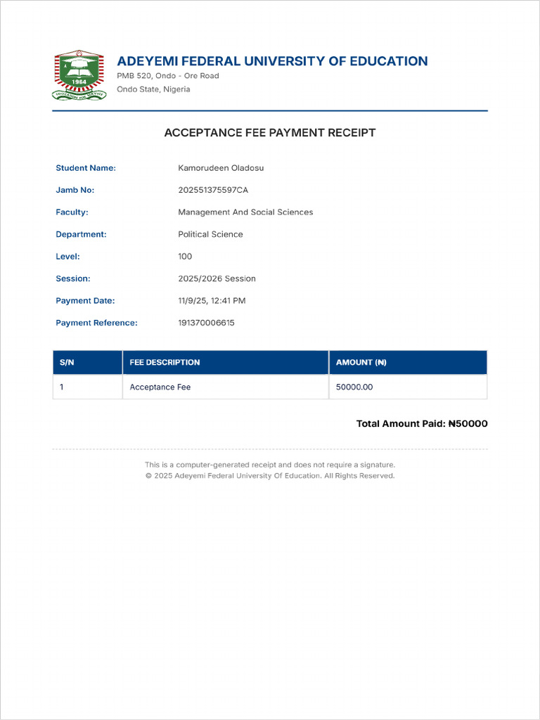 School Fee Receipt Kamorudeen Oladosu Acceptance Fee | PDF