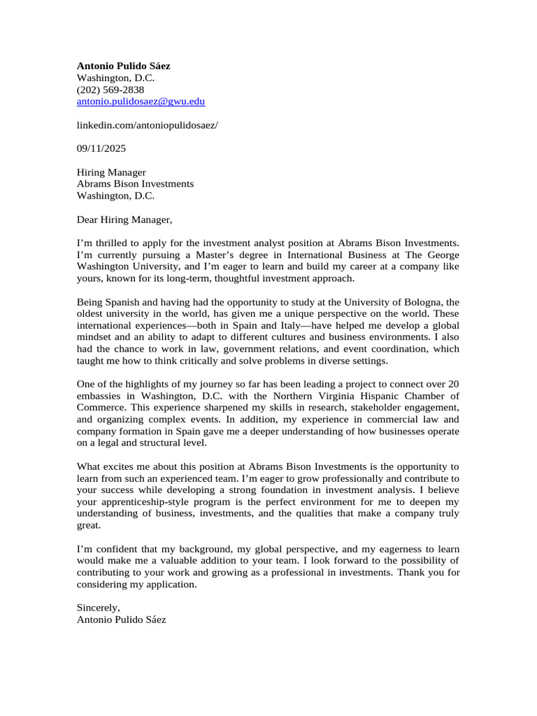 COVER LETTER - Abrams Bison Investments | PDF
