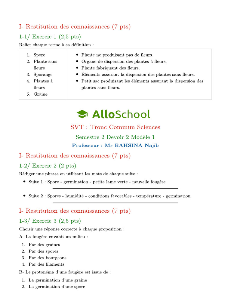 Svt Tc Semestre 2 Devoir 2 Modele 1 1 | PDF