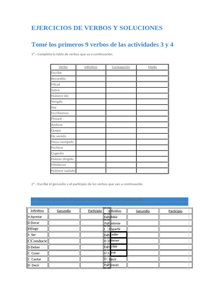 Ejercicios de Verbos en Español y Soluciones | PDF | Verbo | Relaciones ...
