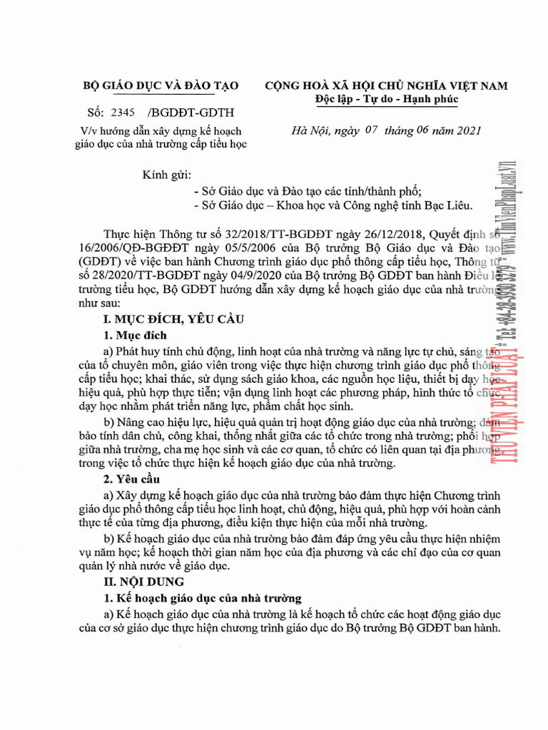 Cong Van 2345 Huong Dan Xay Dung Ke Hoach Giao Duc Cua Nha Truong Cap Tieu Hoc | PDF