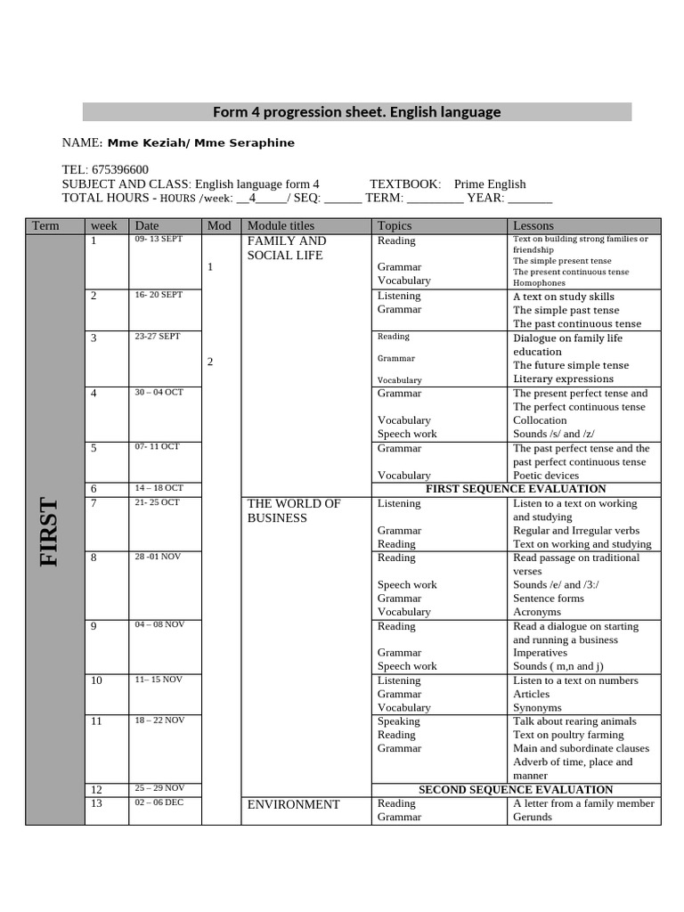Form 4 English Language Progression Sheet | PDF | Grammatical Tense ...