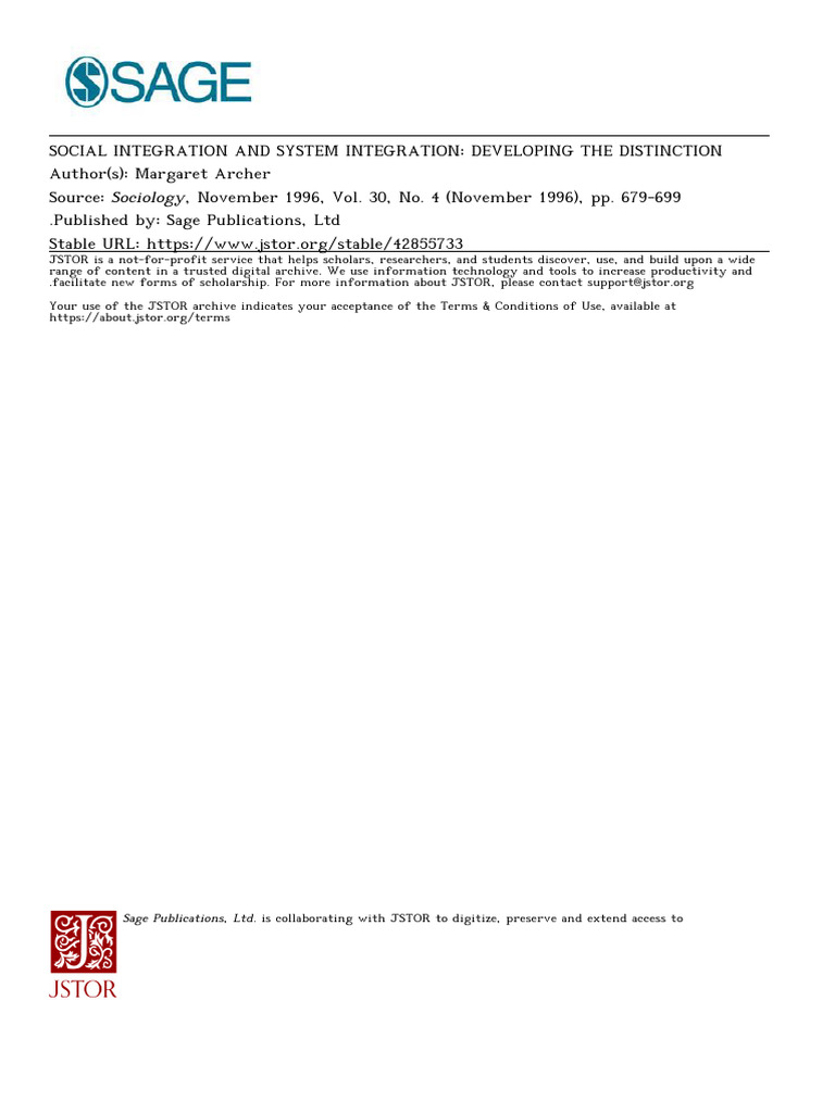 Social Integration and System Integration - Developing The Distinction ...